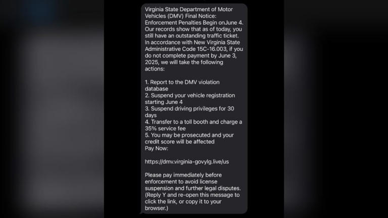 Virginia DMV warns customers about recent traffic ticket scam texts