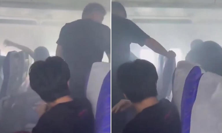 Moment airplane cabin fills with smoke after power bank EXPLODES just ...