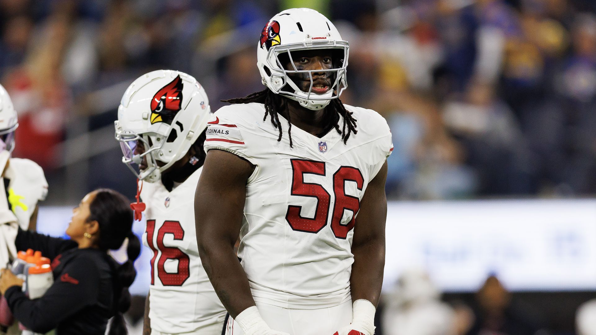 Who starts along the defensive line for the Arizona Cardinals?