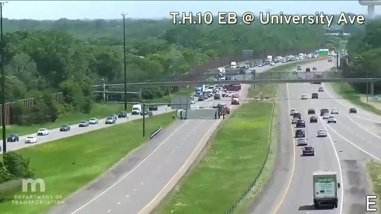 Semi-truck rollover closes westbound Highway 10 in Coon Rapids