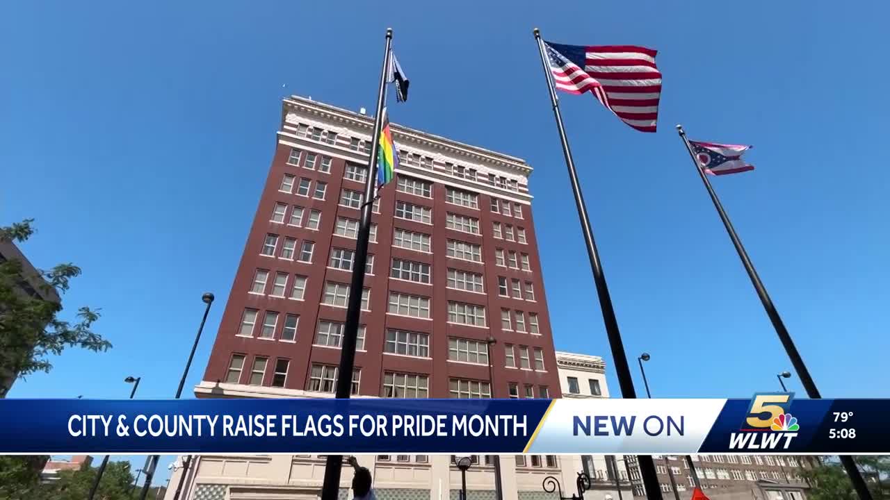 Pride flags flying above Cincinnati's City Hall, Hamilton County Courthouse