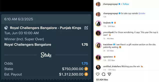 'Ee Sala Cup Namde': Canadian rapper Drake bets $750,000 on RCB to win ...