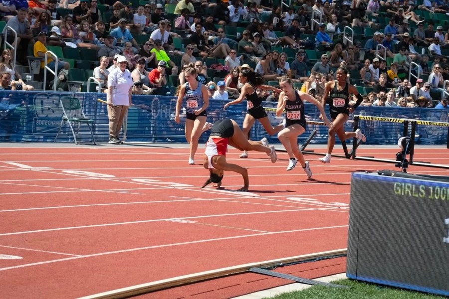 Oregon hurdler somersaults over finish line to win state title