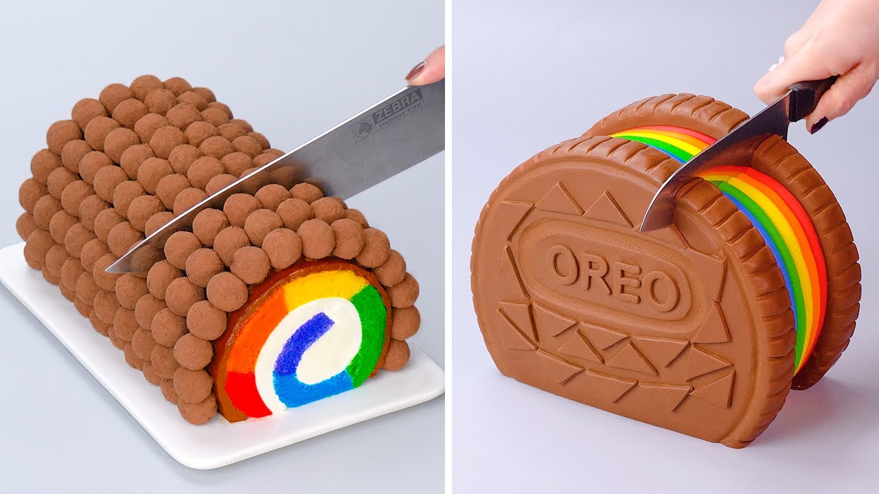 Kue Gulung Rainbow & Oreo Raksasa | Tutorial & Satisfying Cake Potong! 🌈🍫