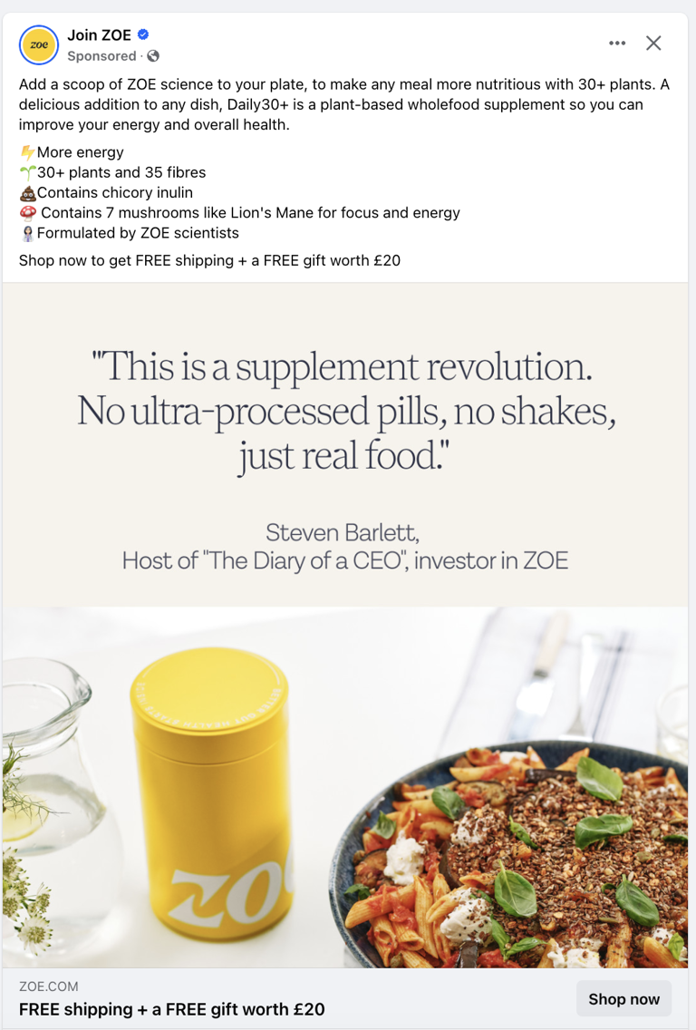 Zoe supplement ad banned over ultra-processed claims