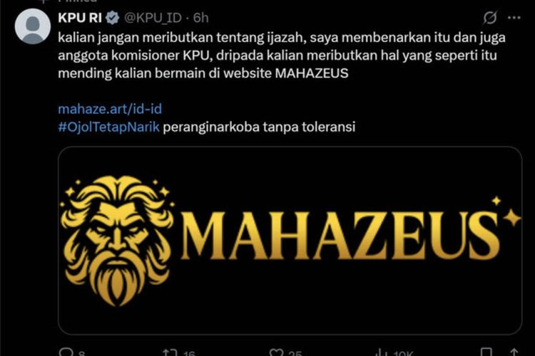 Akun X KPU RI Kena Hack, Sempat Posting Pemalsuan Ijazah dan Promosikan Situs Judi Online