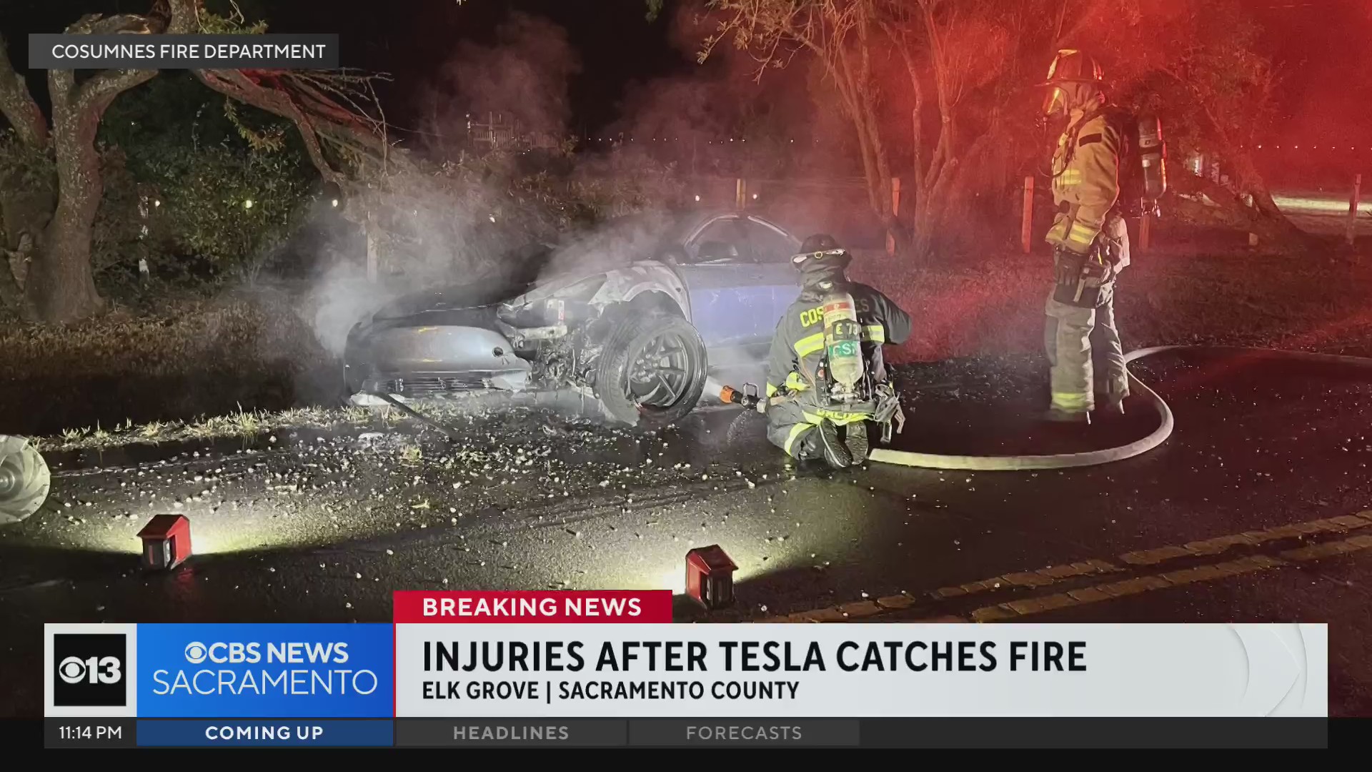 Tesla catches fire after crashing into ditch
