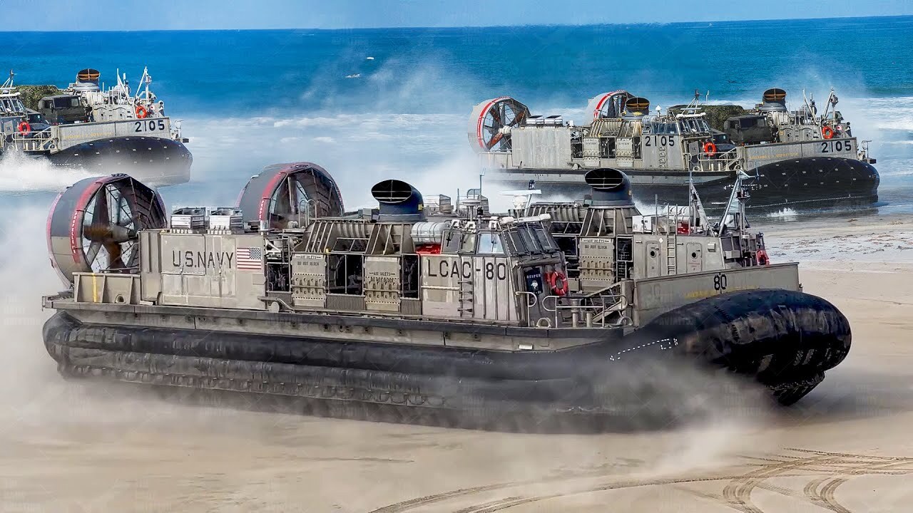 Massive US Navy Hovercrafts Land During Intense Beach Invasion