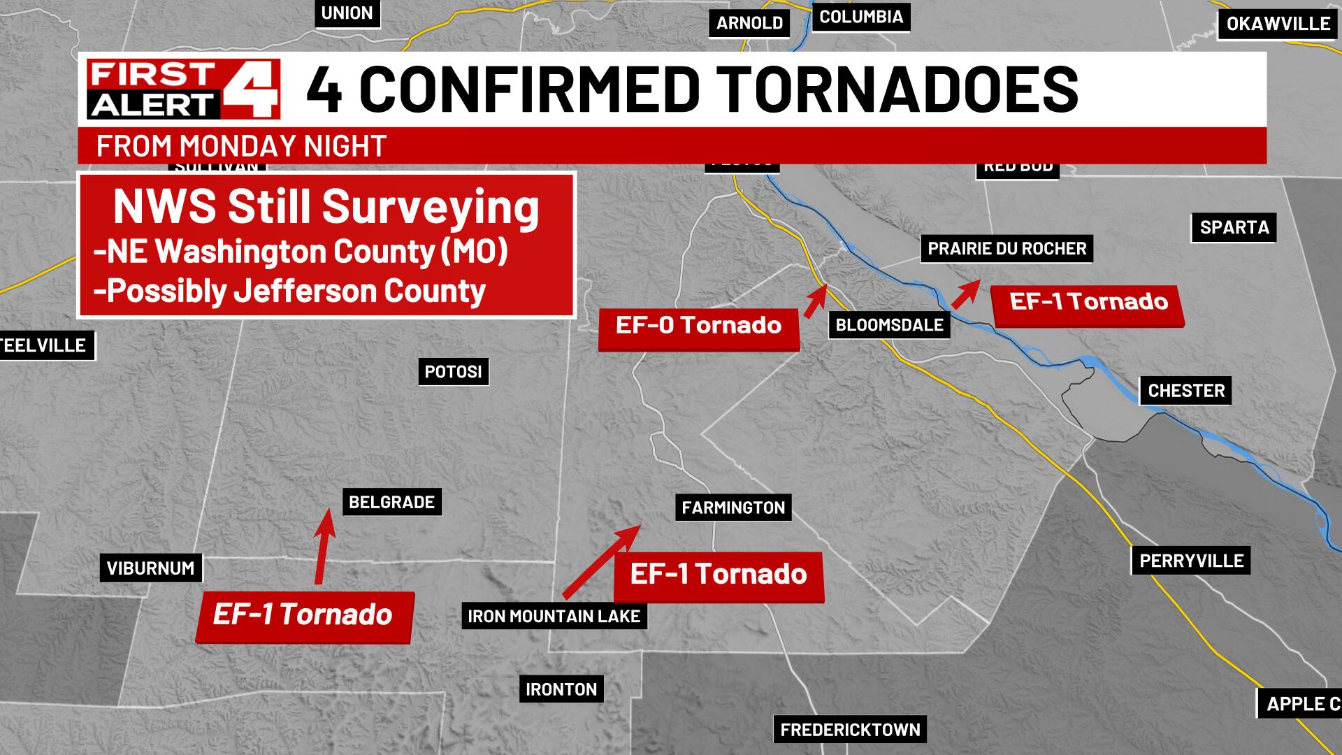 NWS confirms 4 tornadoes south of St. Louis on Monday night