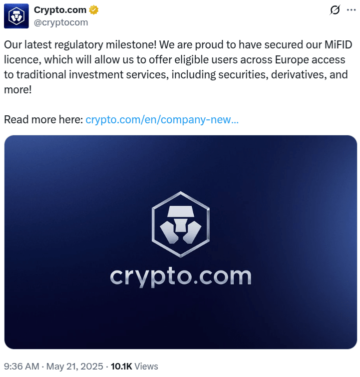 Crypto.com secures EU license to launch crypto financial derivatives