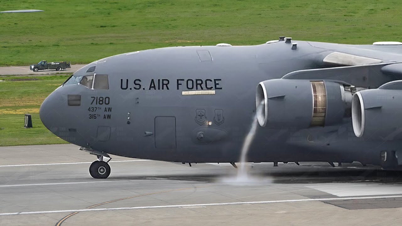 US C-17 Creates Mini Tornado During Extreme Reverse Thrust After Landing