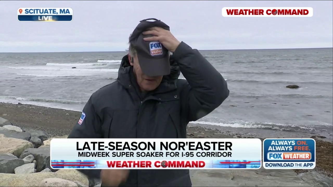 Mike Seidel, his FOX Weather hat battle wind as nor'easter approaches