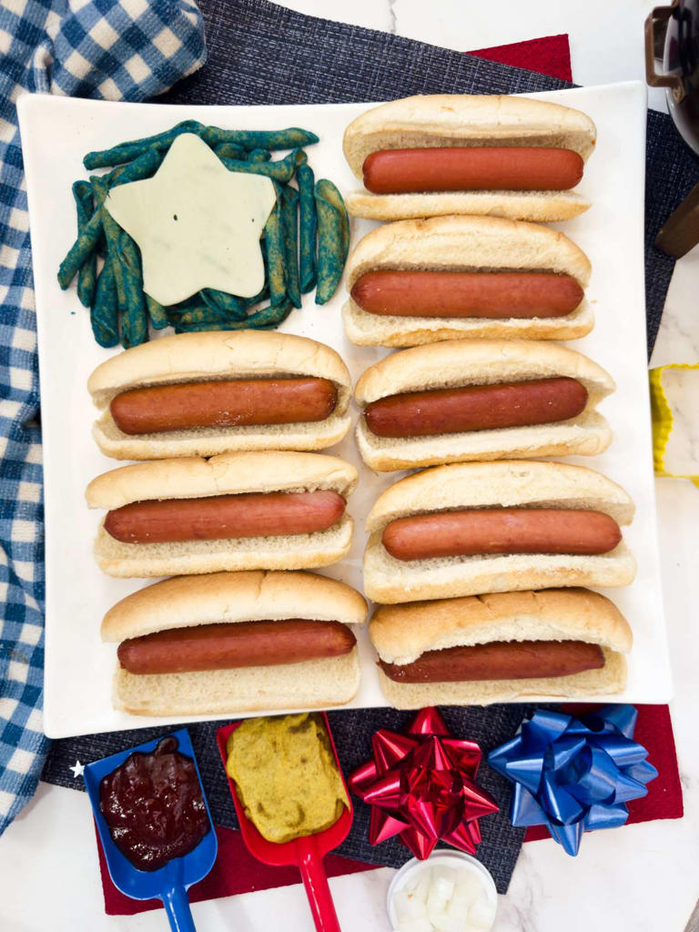 Red, White and Blue hot dog charcuterie board