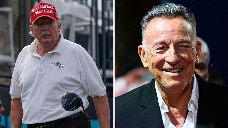 Trump laat een video zien waarin hij Bruce Springsteen met een golfbal ...