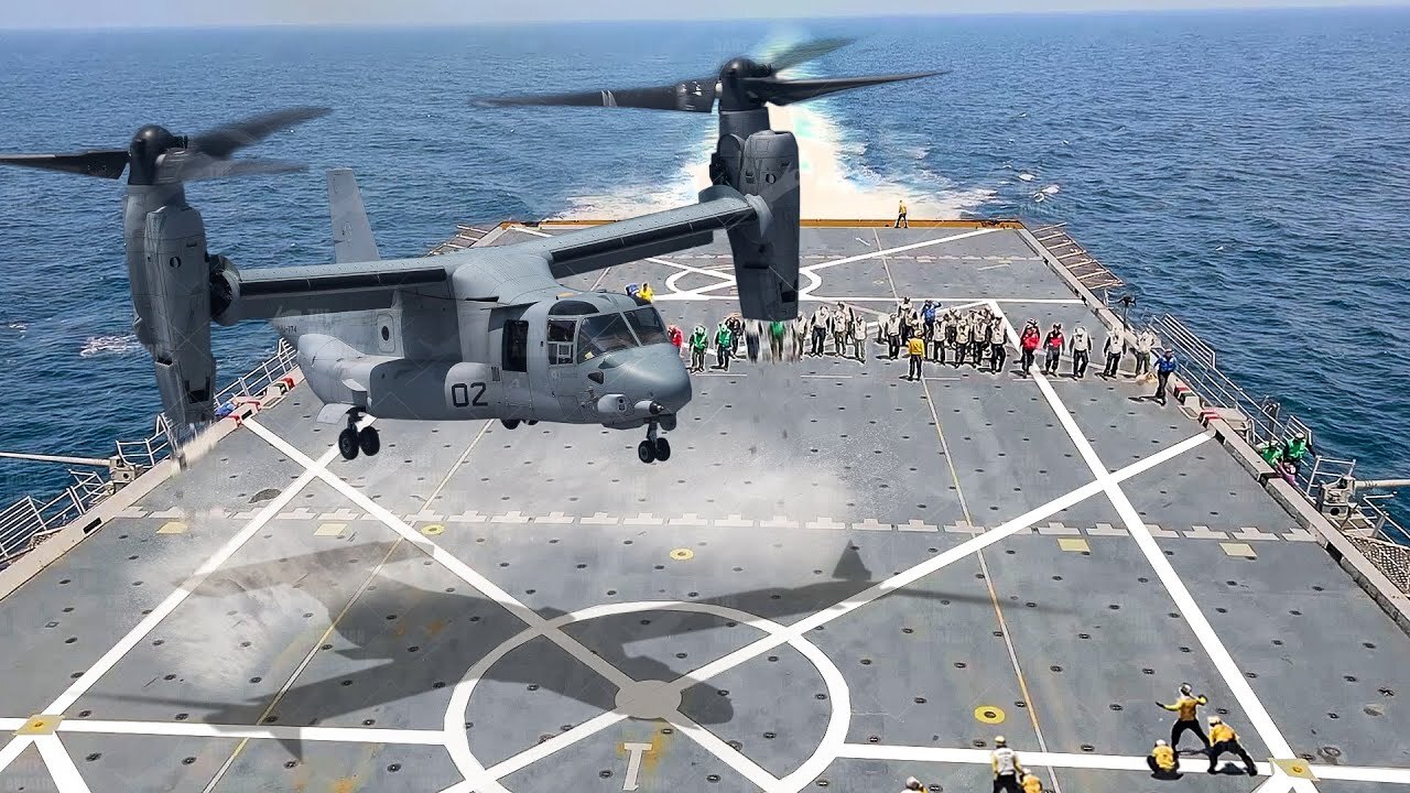 US V-22 attempts landing on a perilous moving Navy vessel at sea