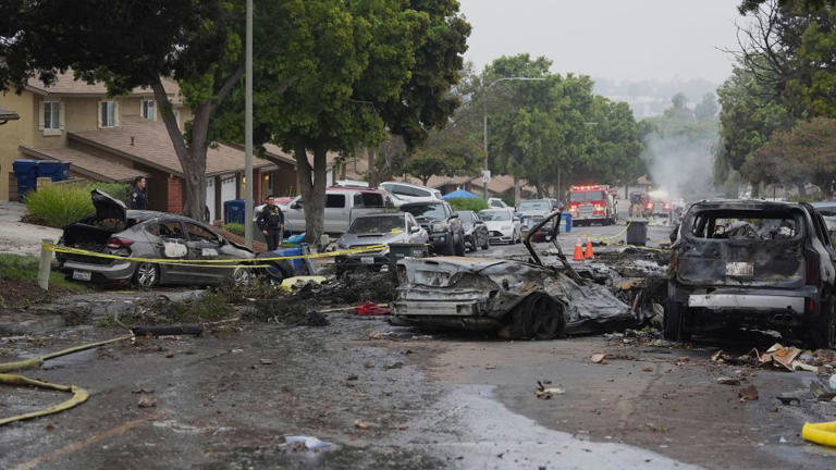 Business jet with 6 on board hit power lines before fatal crash in San ...