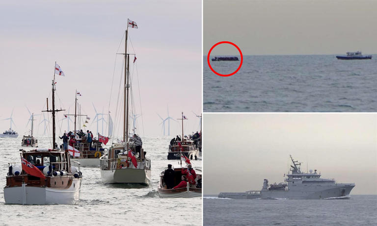 Moment migrant dinghy trying to cross English Channel diverts Dunkirk flotilla of WW2 'Little Ships'