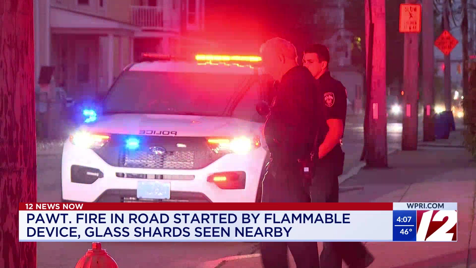 Pawtucket Fire in road started by flammable device