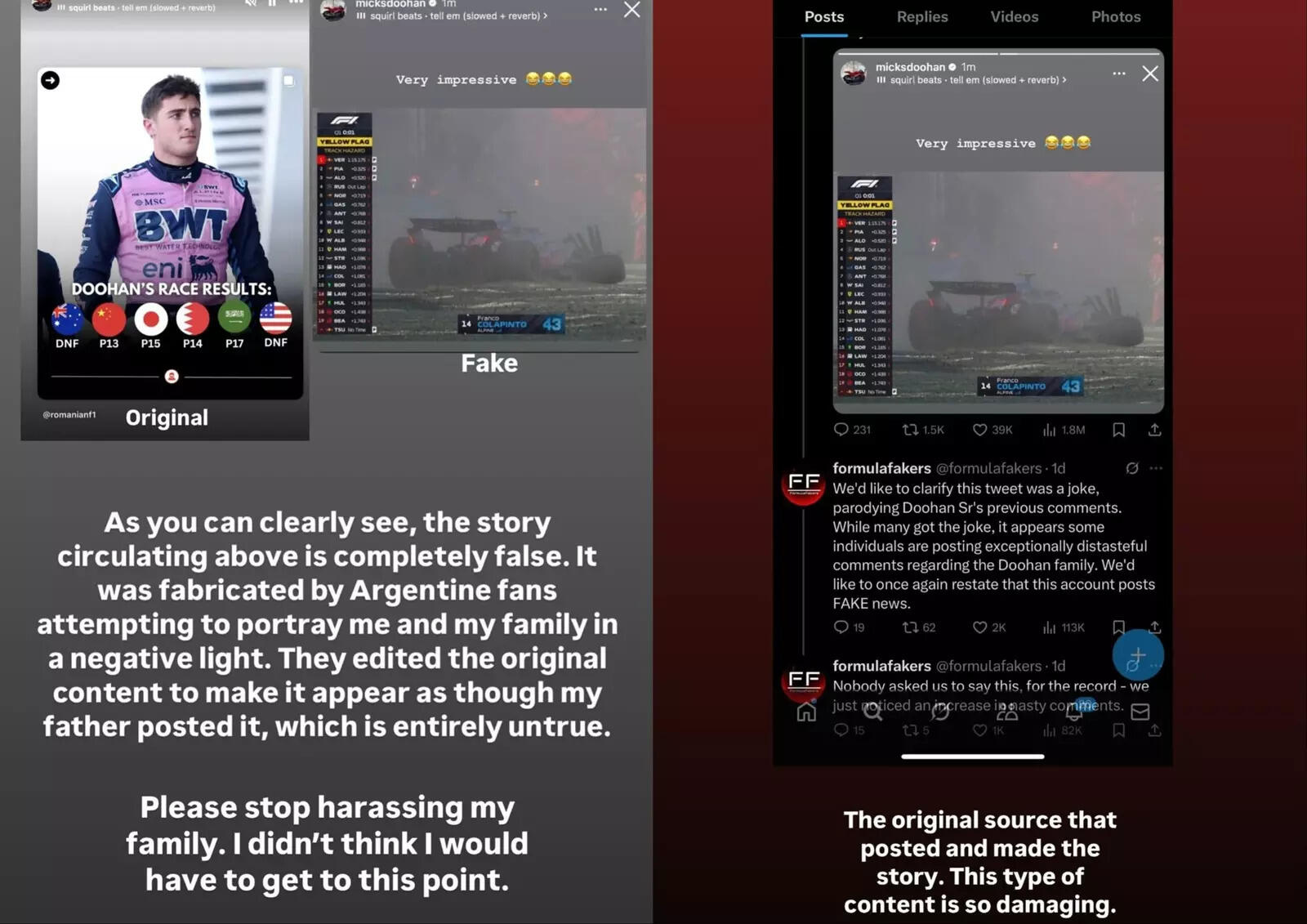 Former Alpine driver Jack Doohan shares fake post targeting his father ...