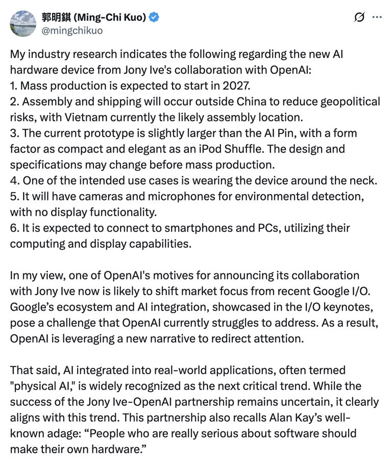 OpenAI's first AI hardware will be as tiny as iPod Shuffle, will enter mass production in 2027 ...