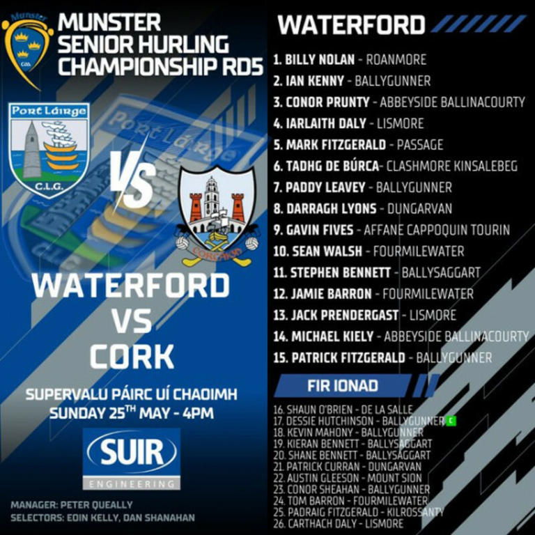 Cork make four changes as Dessie Hutchinson drops to bench for Waterford