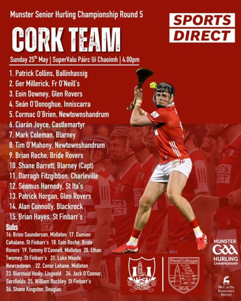 Cork make four changes as Dessie Hutchinson drops to bench for Waterford