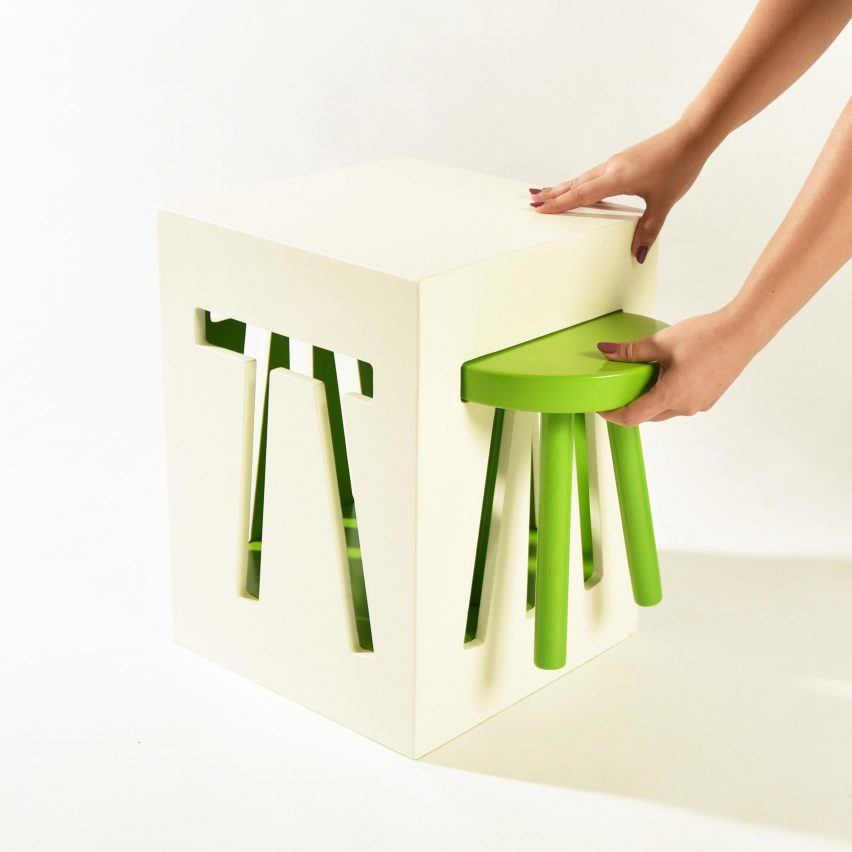 A playful stool-cum-puzzle among designs from Okinawa Prefectural University of Arts students