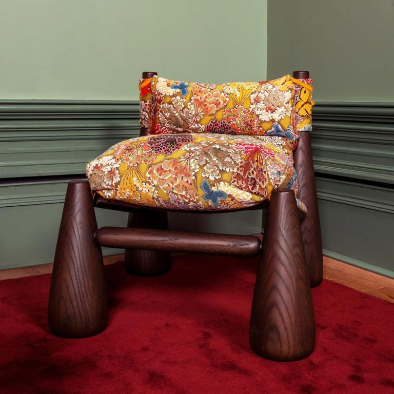 Six chairs with contemporary frames and decadent floral fabrics at ...