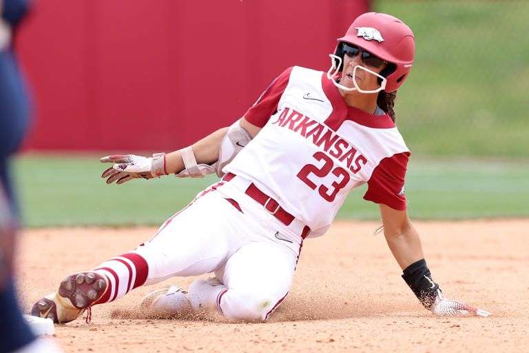 Arkansas softball vs Fordham NCAA tournament game resumes after weather ...