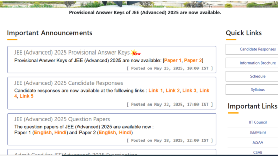 JEE Advanced 2025 answer key released at jeeadv.ac.in, direct link to download