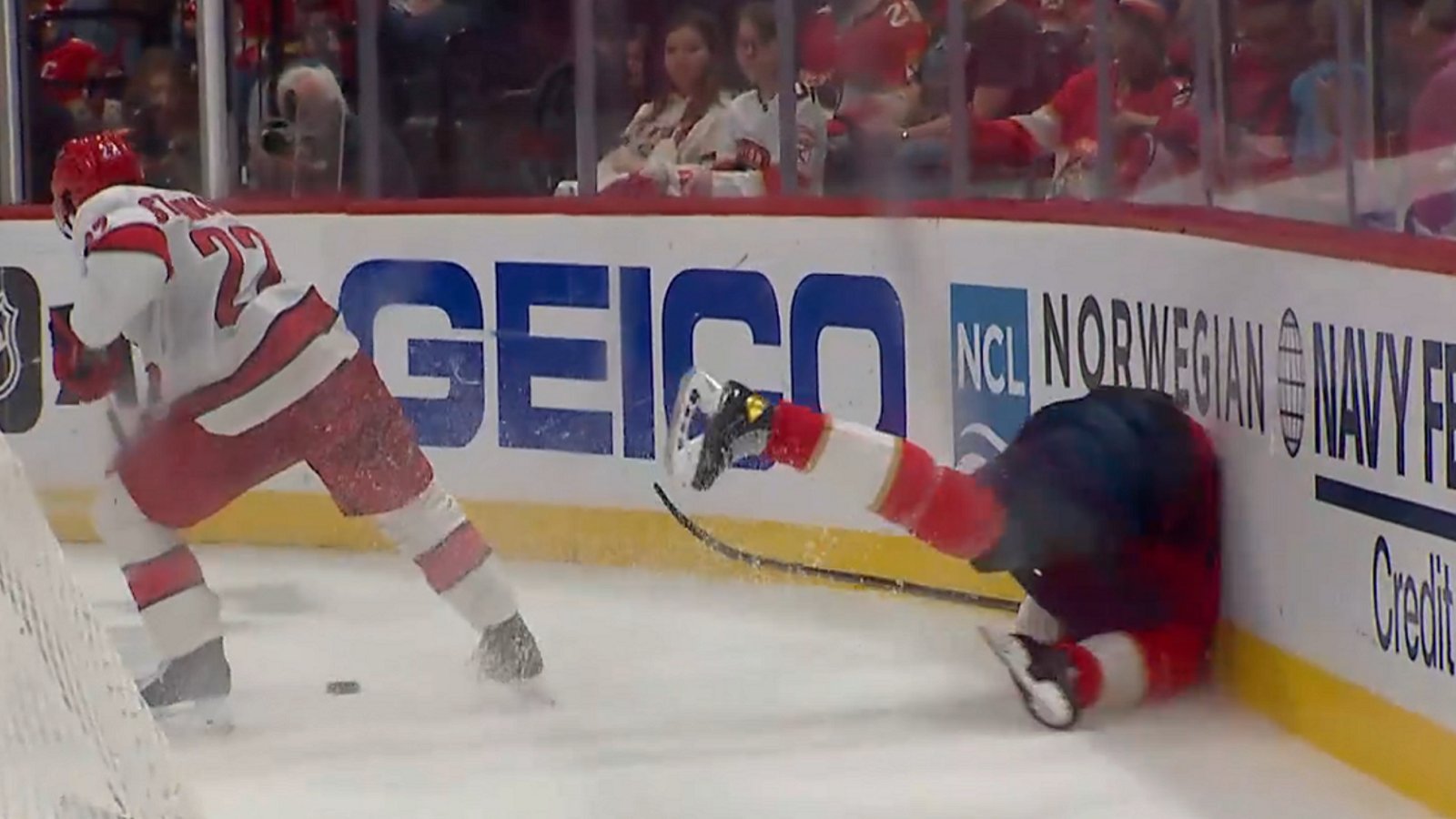 Niko Mikkola leaves Game 3 after ugly crash into the boards.