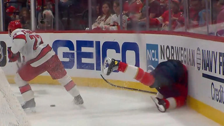 Niko Mikkola leaves Game 3 after ugly crash into the boards.