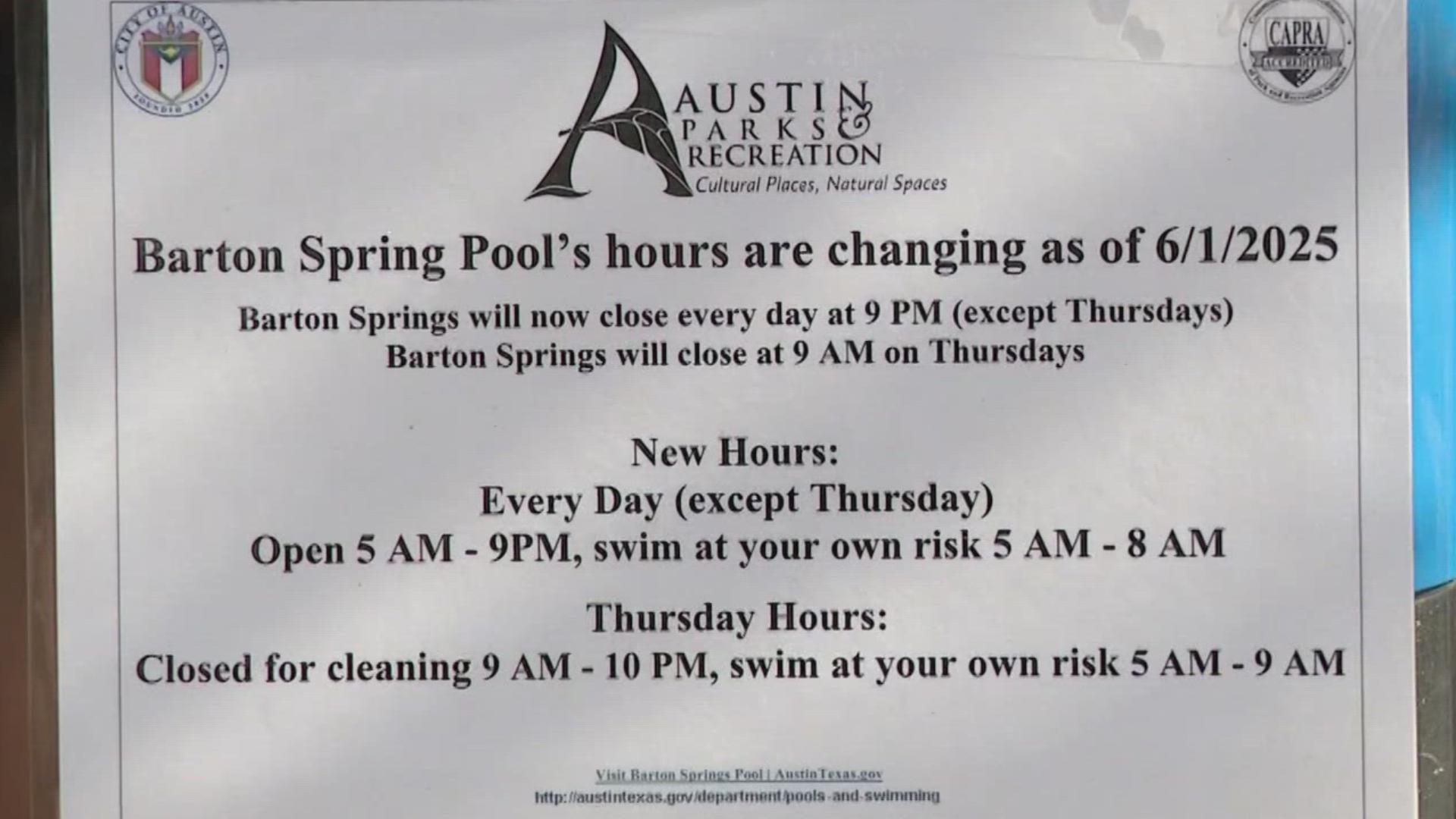 Barton Spring Pool hours changing in June