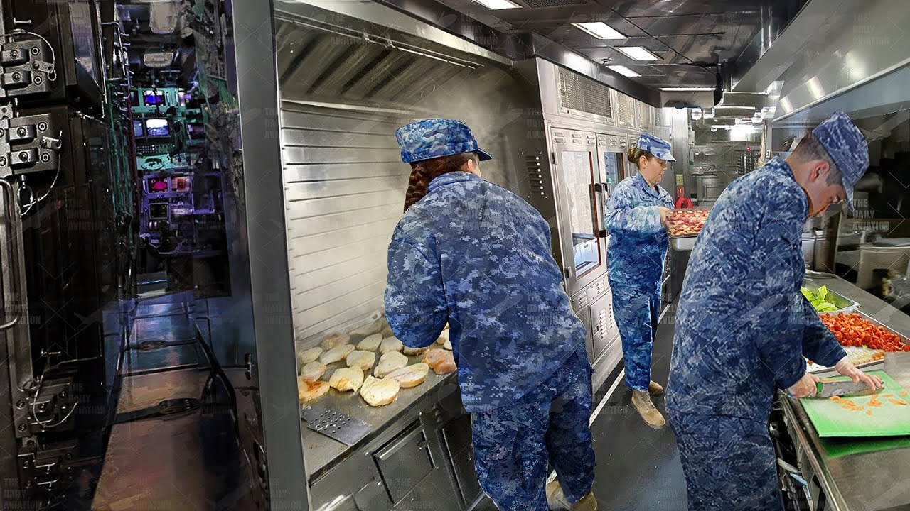 US Submarine Cooks Handle Rush Time Inside Narrow Kitchen Deep Underwater
