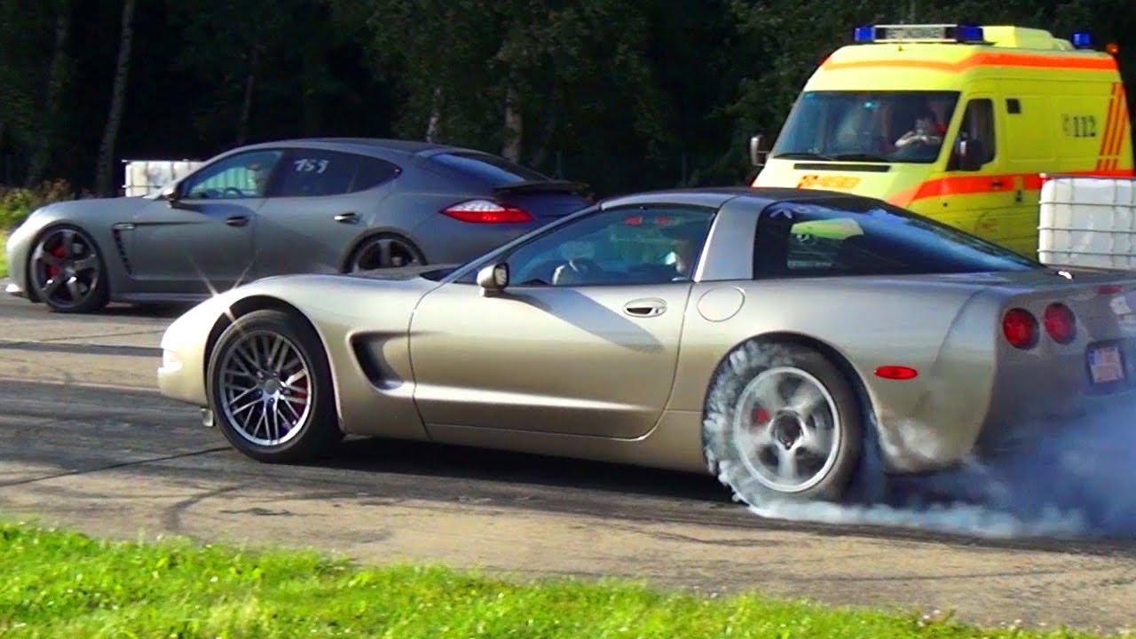 Porsche Panamera Turbo S vs Corvette C5 – 1/4 Mile Drag Race, Burnout ...