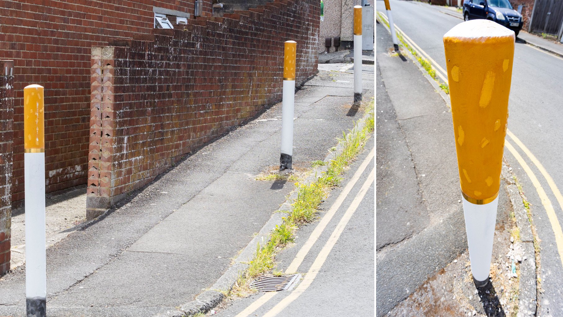 Mystery over 'disgusting' bollards painted like stubbed-out cigarettes