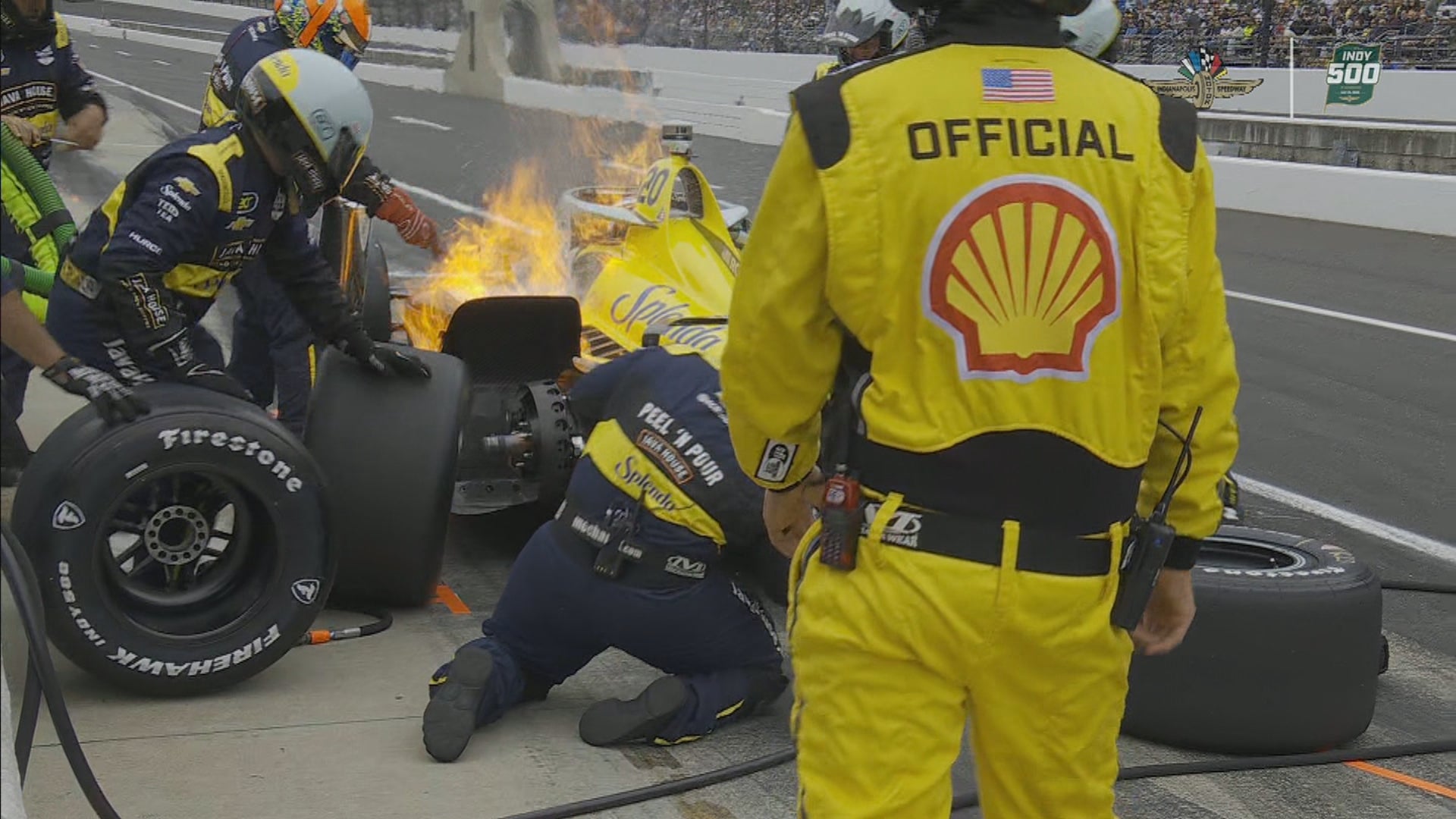 Alexander Rossi's car catches on fire at Indy 500