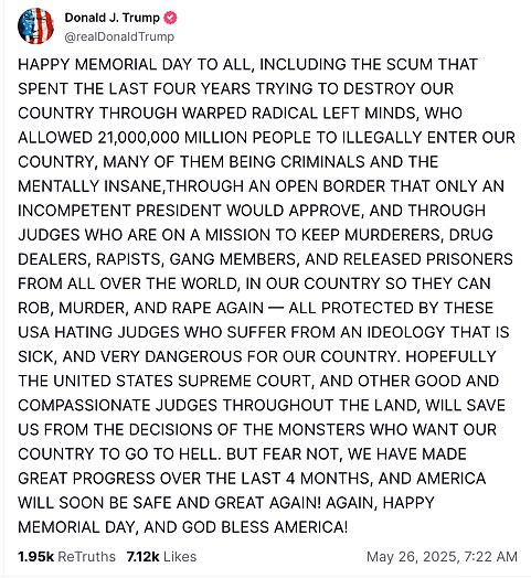 Trump attacks judges in all-caps Memorial Day message