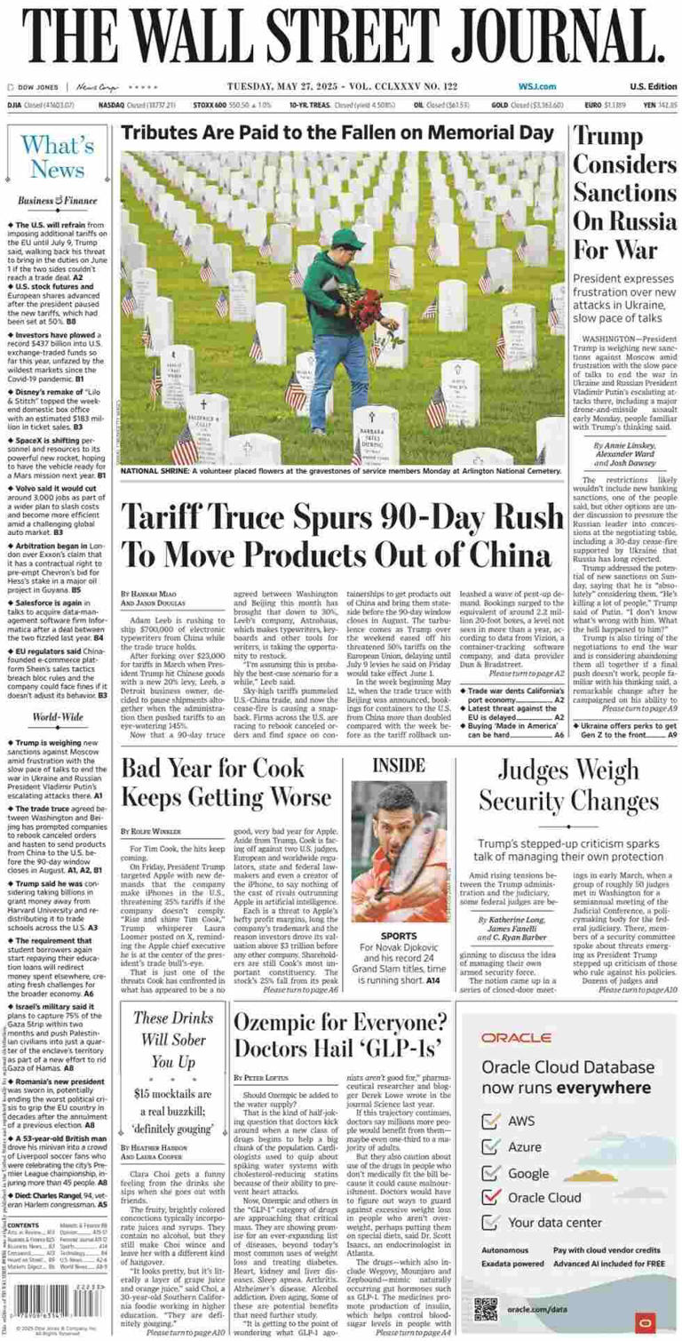 Newspaper headlines from around the world – Tuesday, 27 May 2025