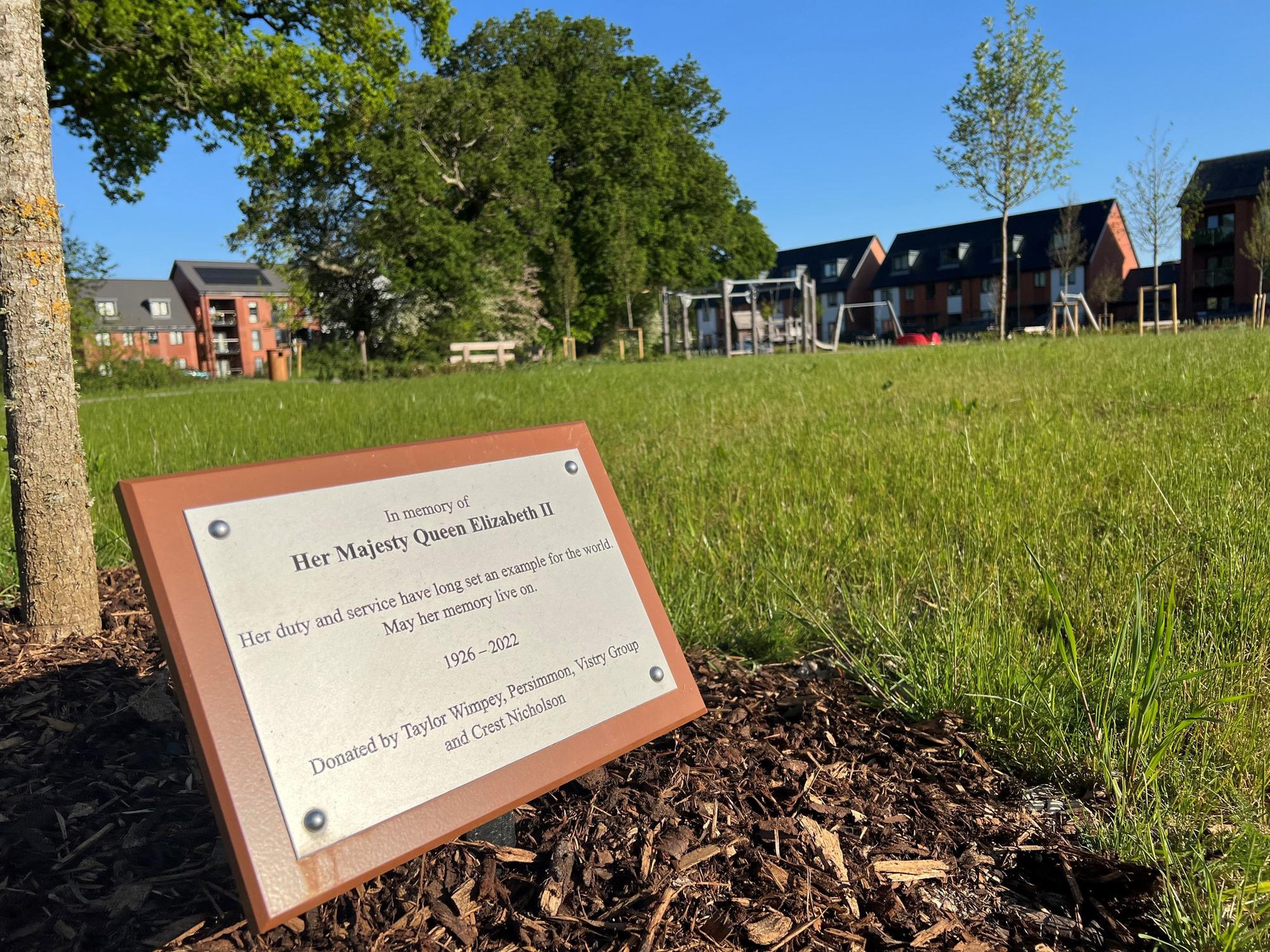 Commemorative tree and plaque dedicated to Her Majesty Queen Elizabeth ...