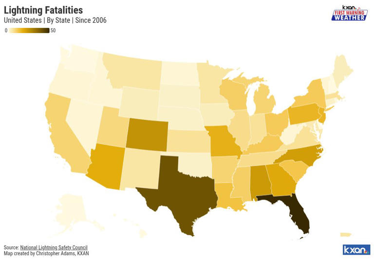 Where and when are lightning deaths most common in the U.S.?