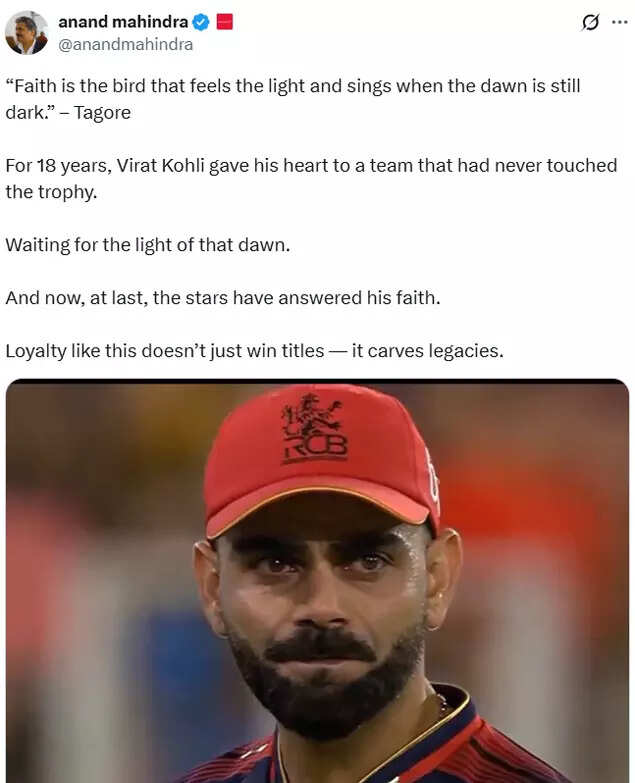 'Loyalty carves legacies': Anand Mahindra hails Virat Kohli's 18-year wait for IPL glory