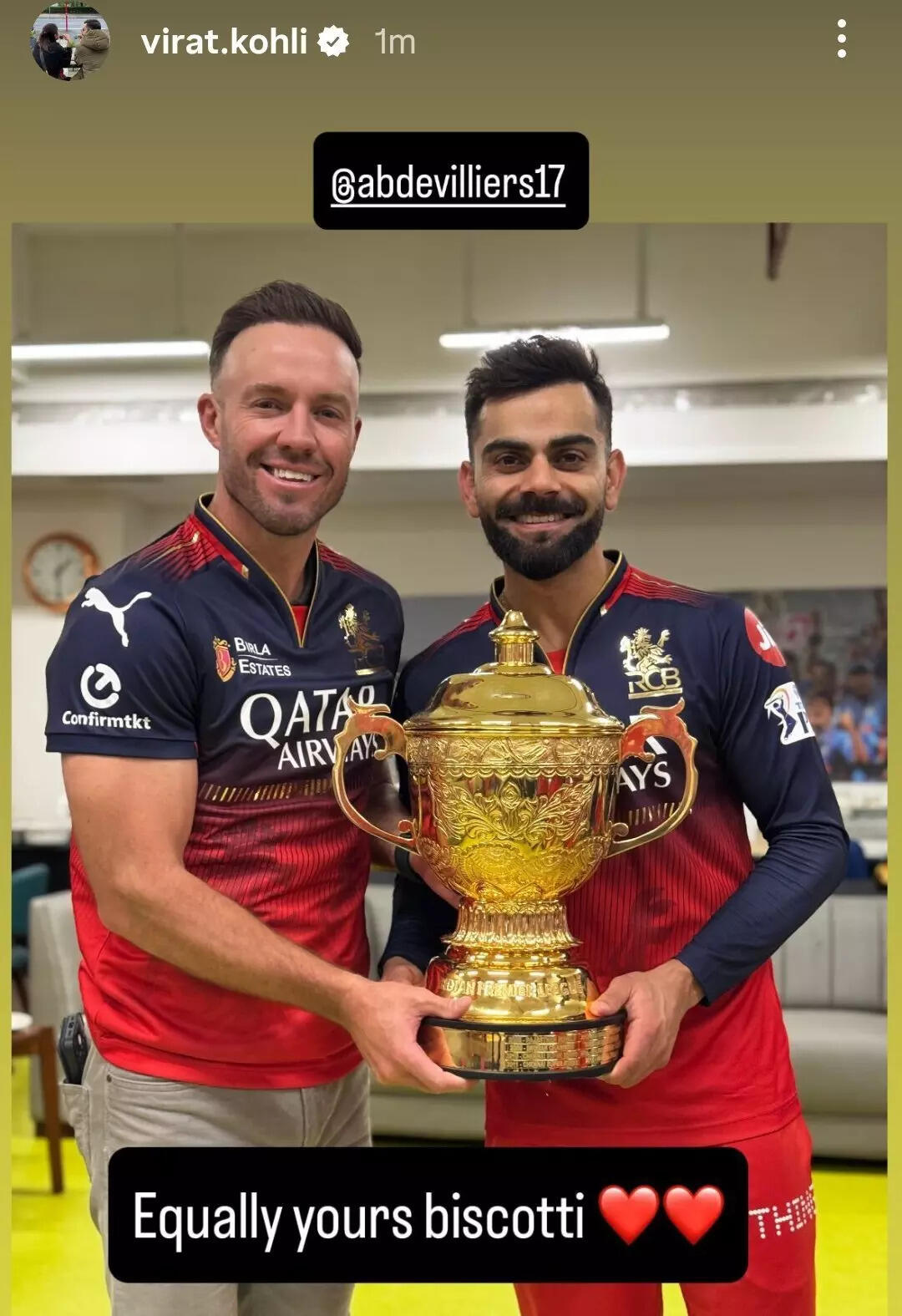'Equally yours, biscotti': Virat Kohli shares IPL trophy with AB de ...