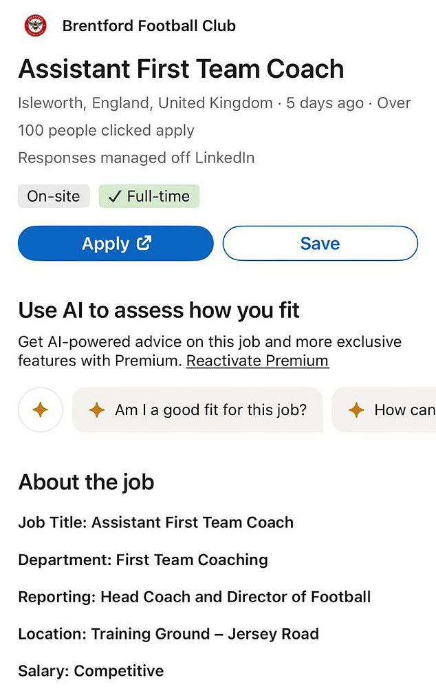 Brentford put out job advert on LinkedIn seeking new assistant first ...