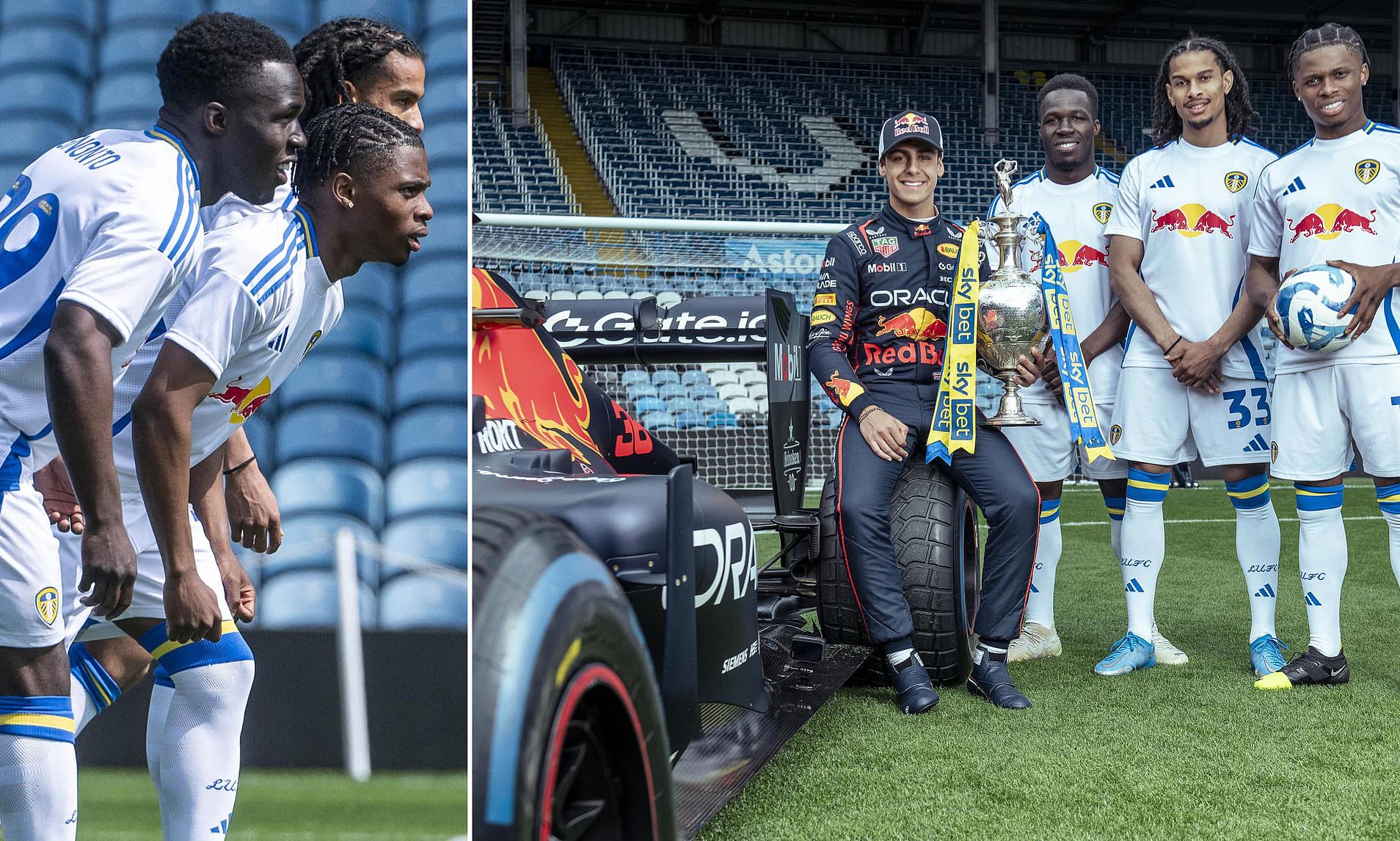 Leeds stars race Red Bull F1 car at Elland Road after challenging ...