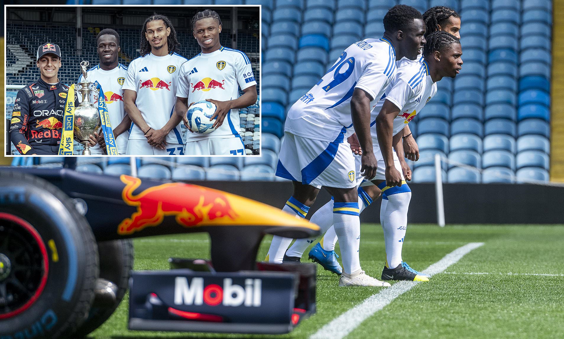 Leeds stars race Red Bull F1 car at Elland Road after challenging ...