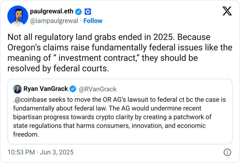 Coinbase wants Oregon’s ‘copycat’ securities case in federal court