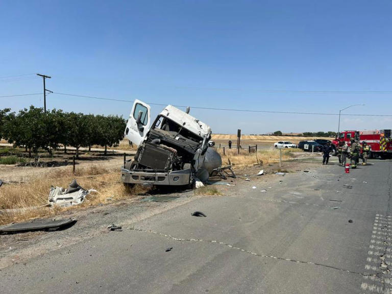 Hazardous material spills in crash near Terra Bella