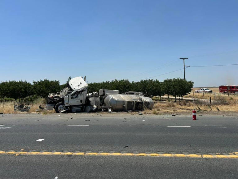 Hazardous material spills in crash near Terra Bella