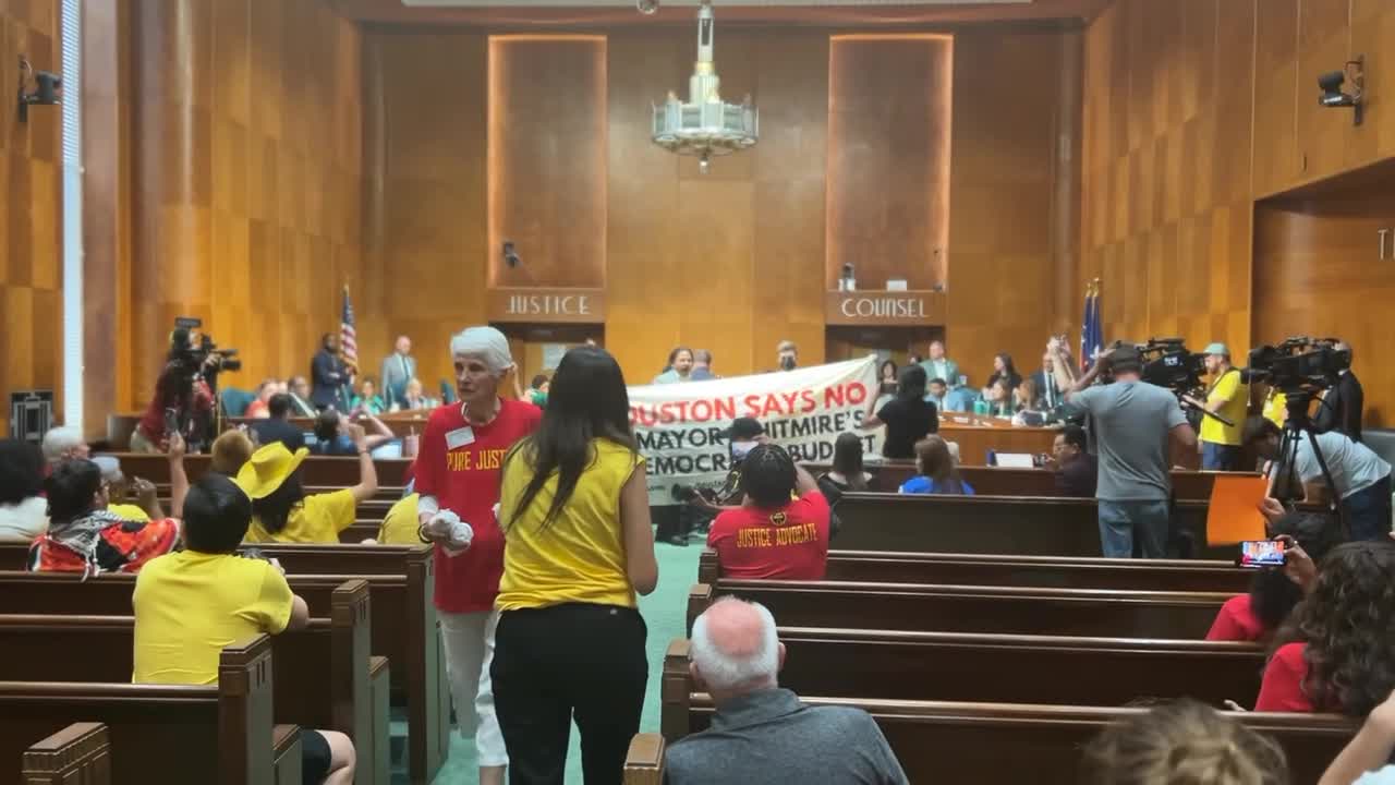 Houston city council 2026 budget: Protestors interrupt discussion ...